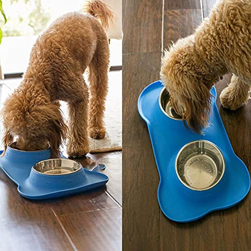FUUIE Bowls for Food and Water Silicone Bone Double Dog Bowl Pet Pad Pet Feeding Bowl Non-Slip Leakproof Dual-Use Pet Mat Black and Blue (Color : Blue)