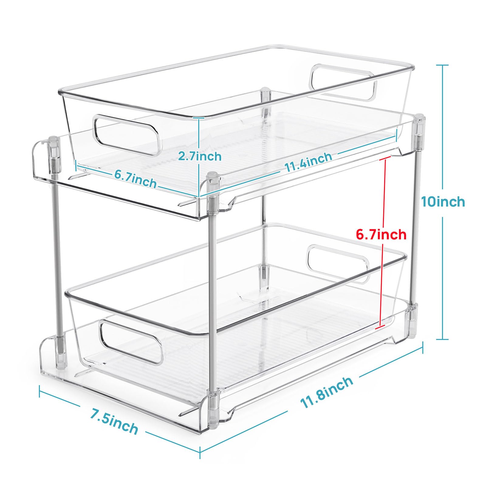 Bottone 2Tier Clear Organizer Under Sink Container Undersink Kitchen Shelf Medicine Cabniet Storage Bins Bottom Sliding Basket Bathroom Standing Space