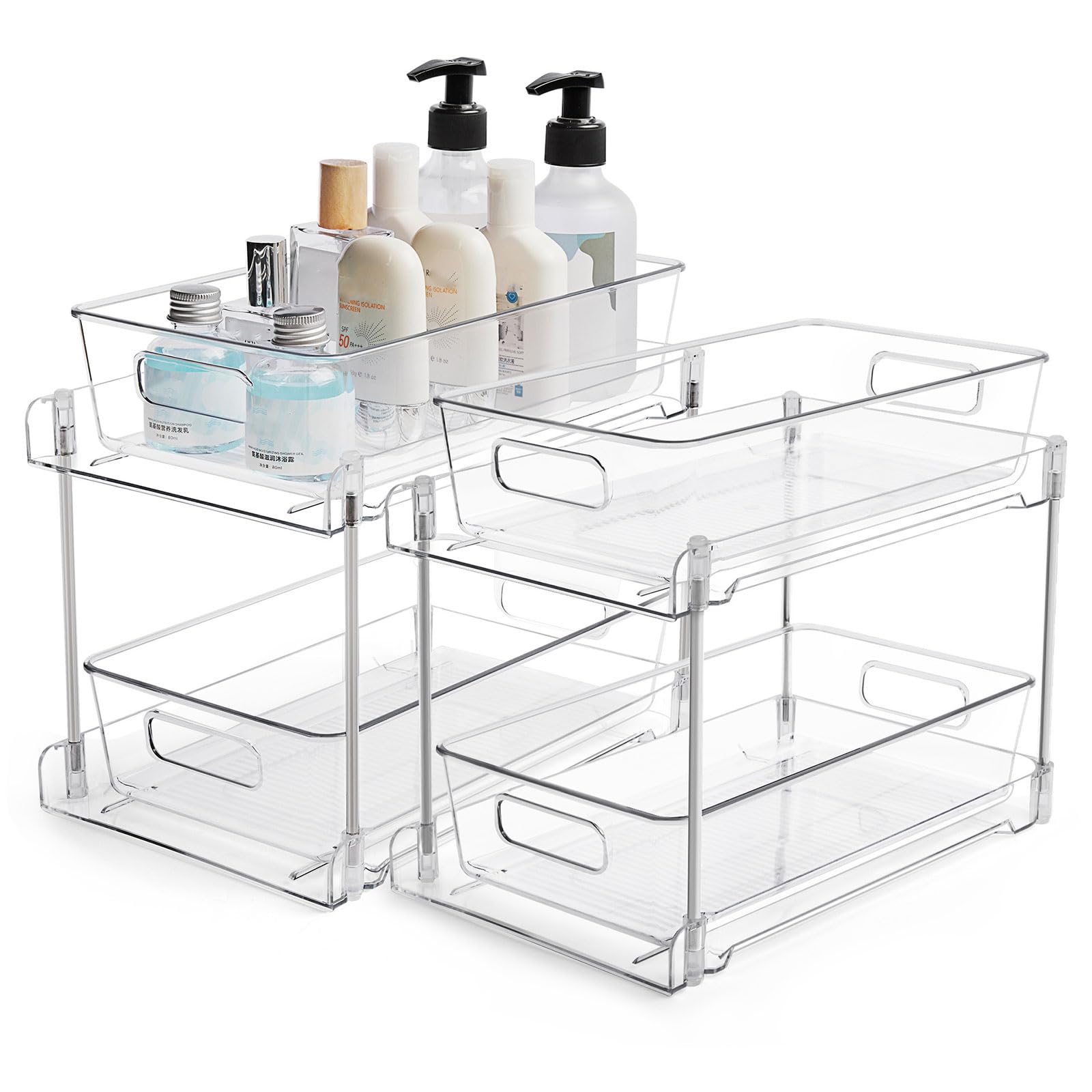 Bottone 2Tier Clear Organizer Under Sink Container Undersink Kitchen Shelf Medicine Cabniet Storage Bins Bottom Sliding Basket Bathroom Standing Space