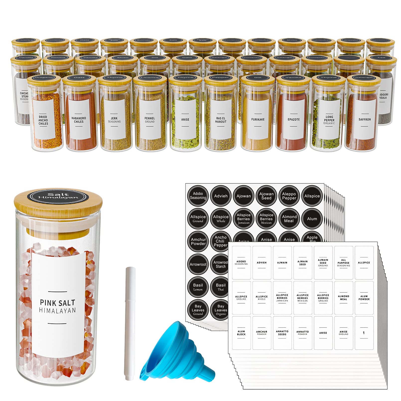 SpaceAid 24 Pcs Spice Jars with Bamboo Lids and Labels, Empty 4oz Glass Spice Bottles, Minimalist Farmhouse Spice Labels Stickers with Funnel, Seasoning Containers for Spice Rack, Cabinet and Drawer
