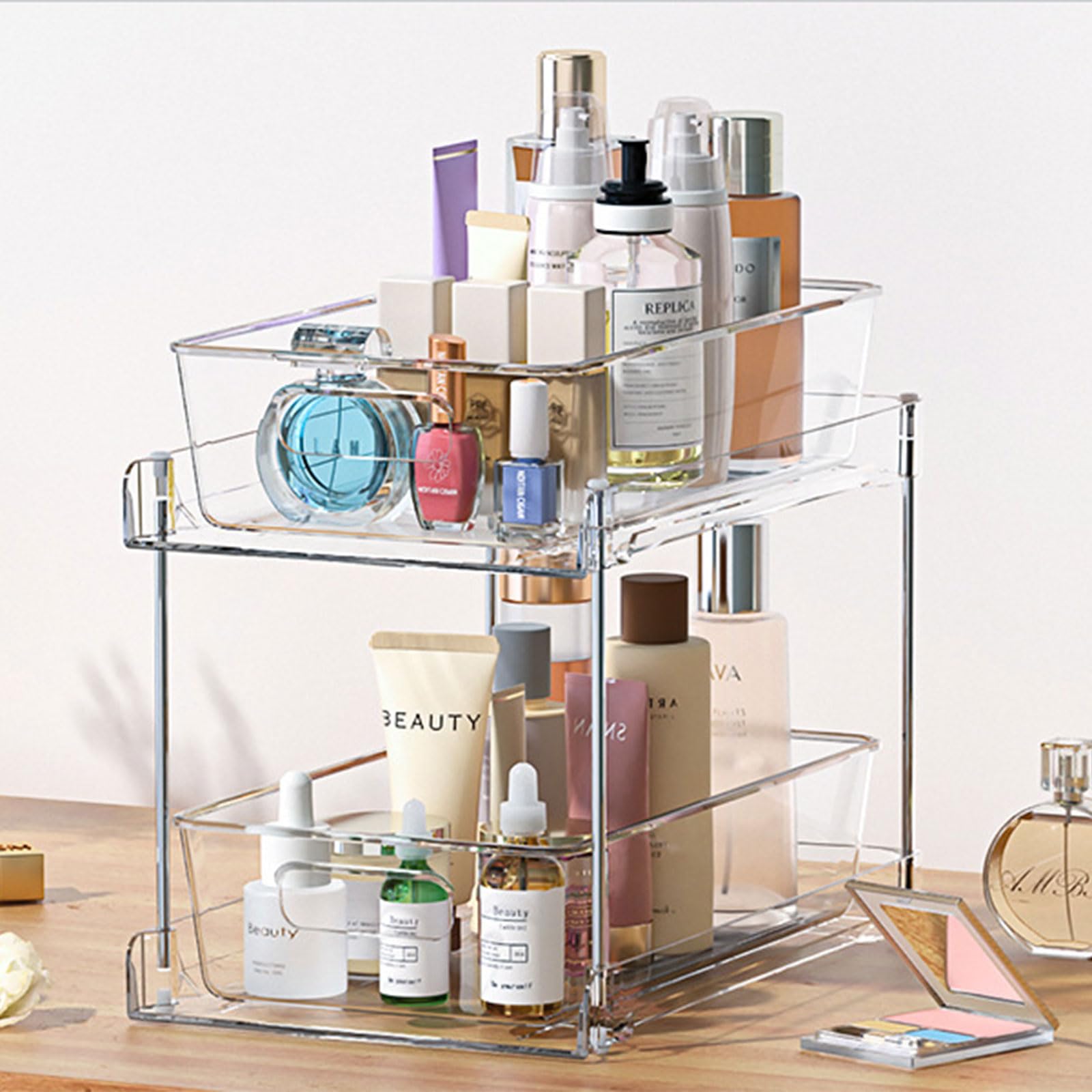 Bottone 2Tier Clear Organizer Under Sink Container Undersink Kitchen Shelf Medicine Cabniet Storage Bins Bottom Sliding Basket Bathroom Standing Space