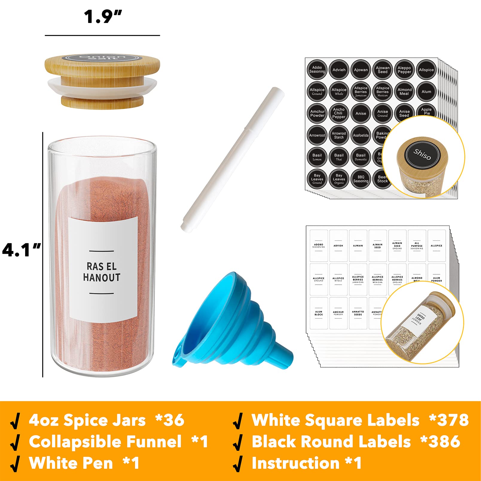 SpaceAid 24 Pcs Spice Jars with Bamboo Lids and Labels, Empty 4oz Glass Spice Bottles, Minimalist Farmhouse Spice Labels Stickers with Funnel, Seasoning Containers for Spice Rack, Cabinet and Drawer