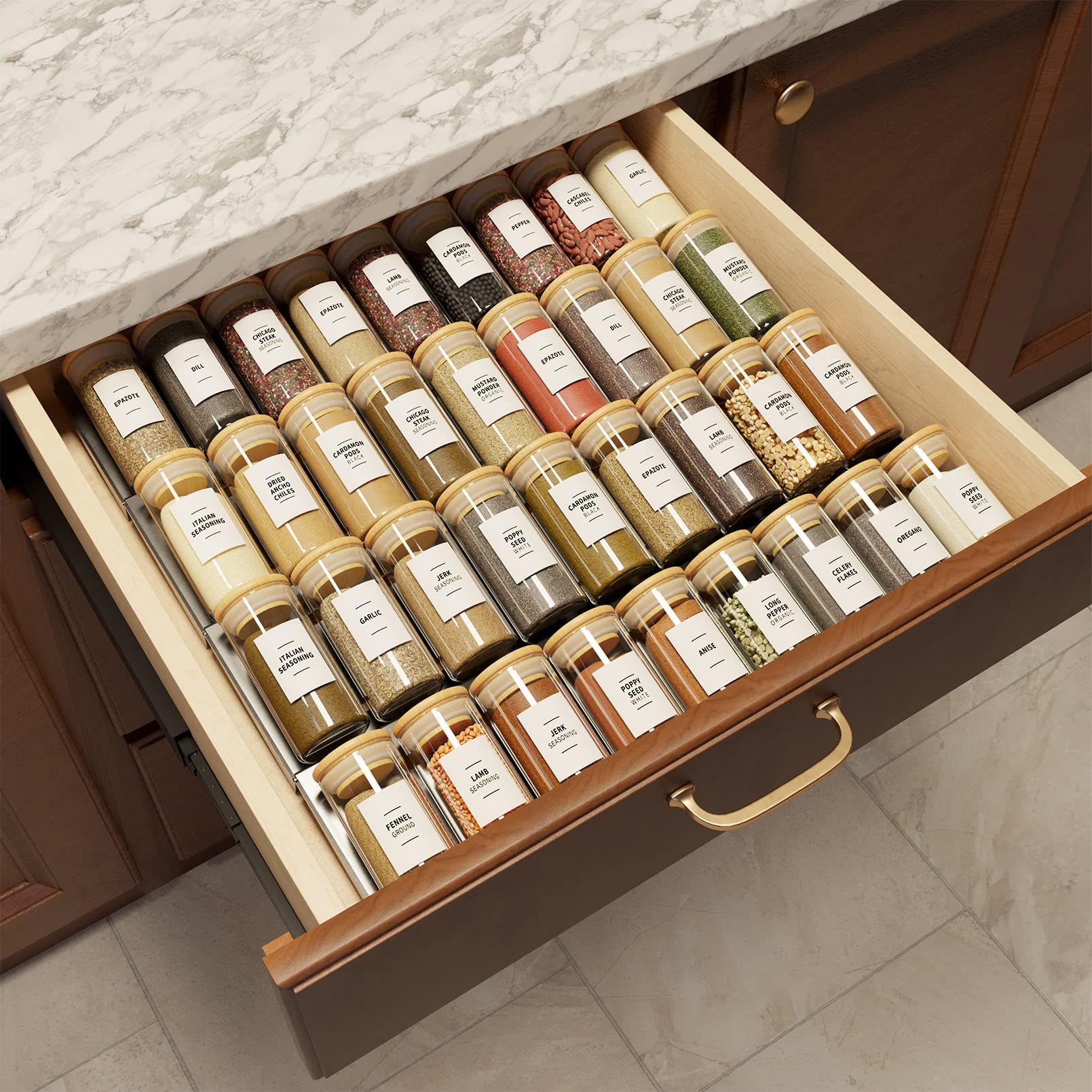 SpaceAid 24 Pcs Spice Jars with Bamboo Lids and Labels, Empty 4oz Glass Spice Bottles, Minimalist Farmhouse Spice Labels Stickers with Funnel, Seasoning Containers for Spice Rack, Cabinet and Drawer