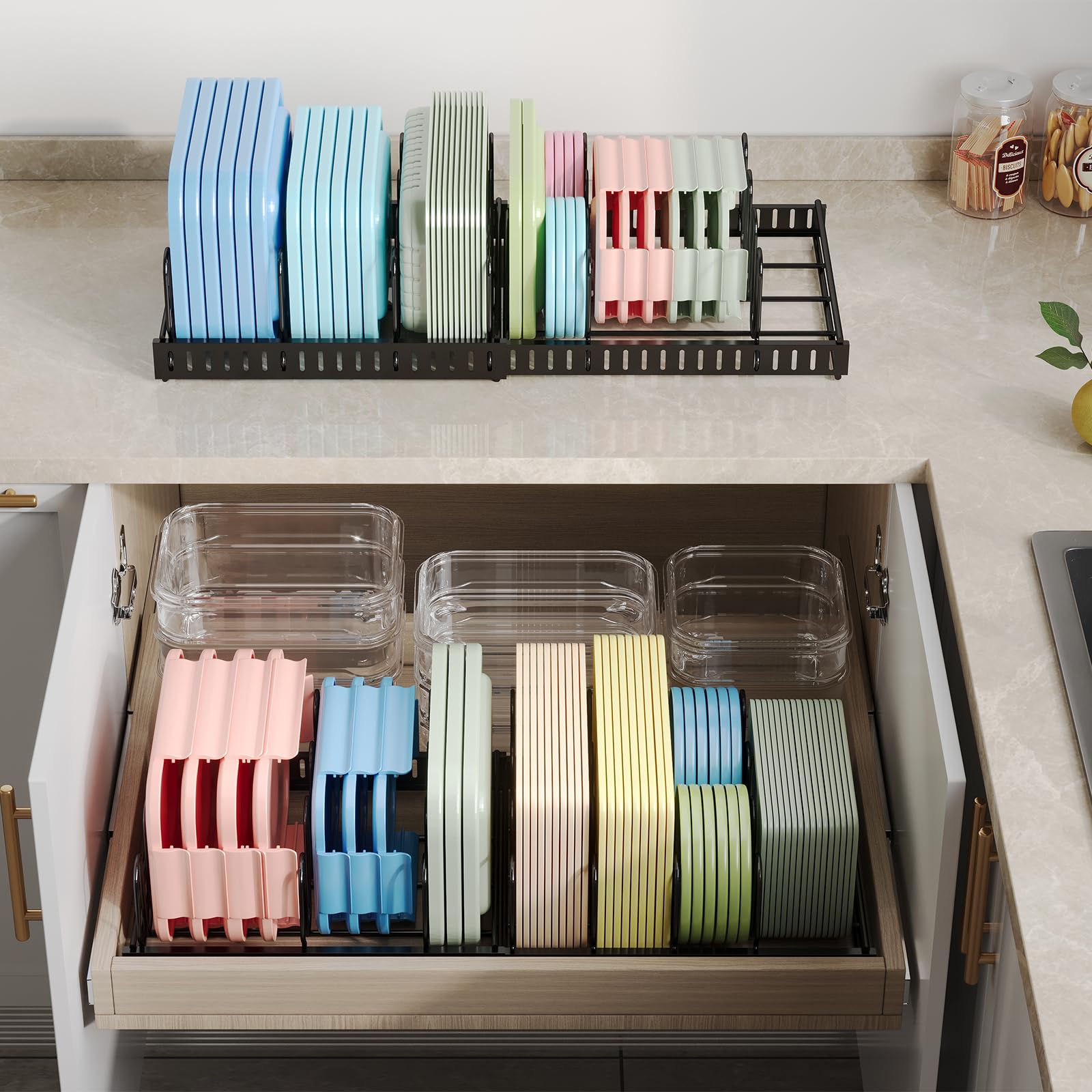 Expandable Food Container Lid Organizer,Large Capacity Adjustable 10 Dividers Detachable Lid Organizer Rack for Cabinets, Cupboards, Pantry Shelves, Drawers to Keep Kitchen Tidy,Black(Patent Pending)