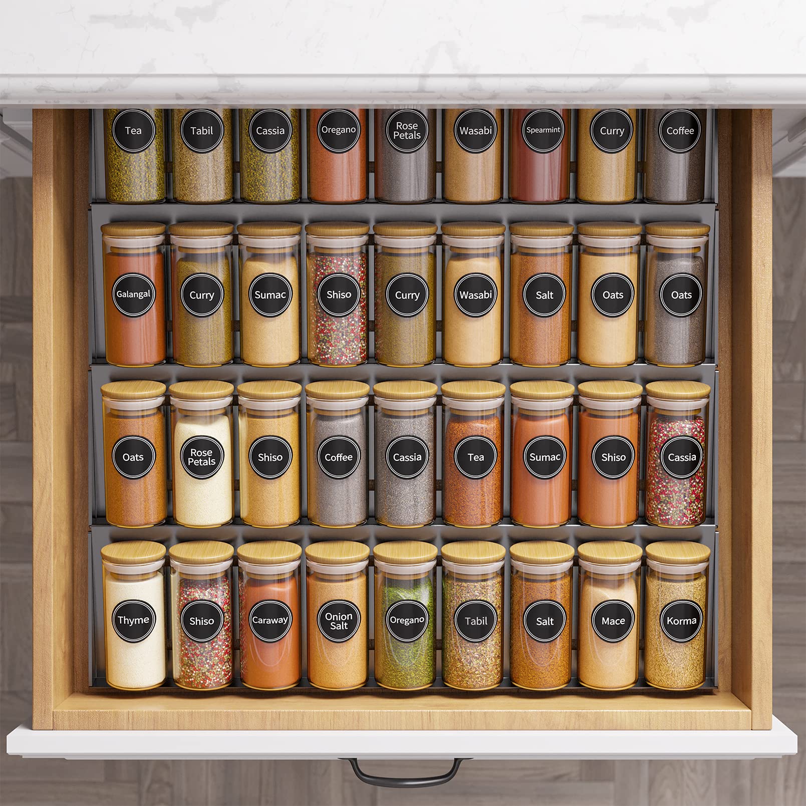 SpaceAid 24 Pcs Spice Jars with Bamboo Lids and Labels, Empty 4oz Glass Spice Bottles, Minimalist Farmhouse Spice Labels Stickers with Funnel, Seasoning Containers for Spice Rack, Cabinet and Drawer