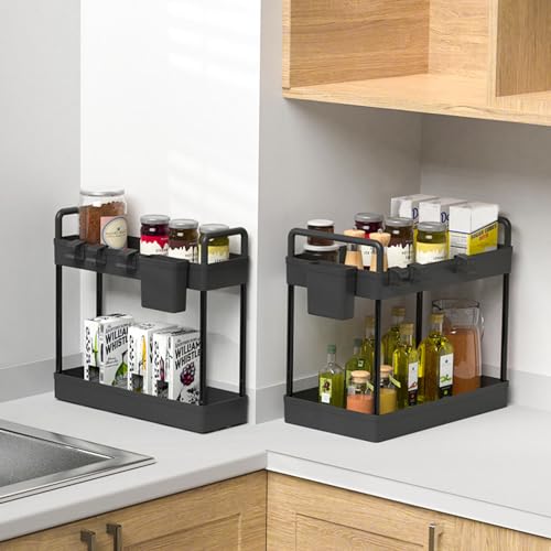 SLDMJFSZ 2-Tier Under Sink Organizer, Wide+Narrow Set Under Bathroom Cabinet Storage Organizer with Hooks, Hanging Cup,Black