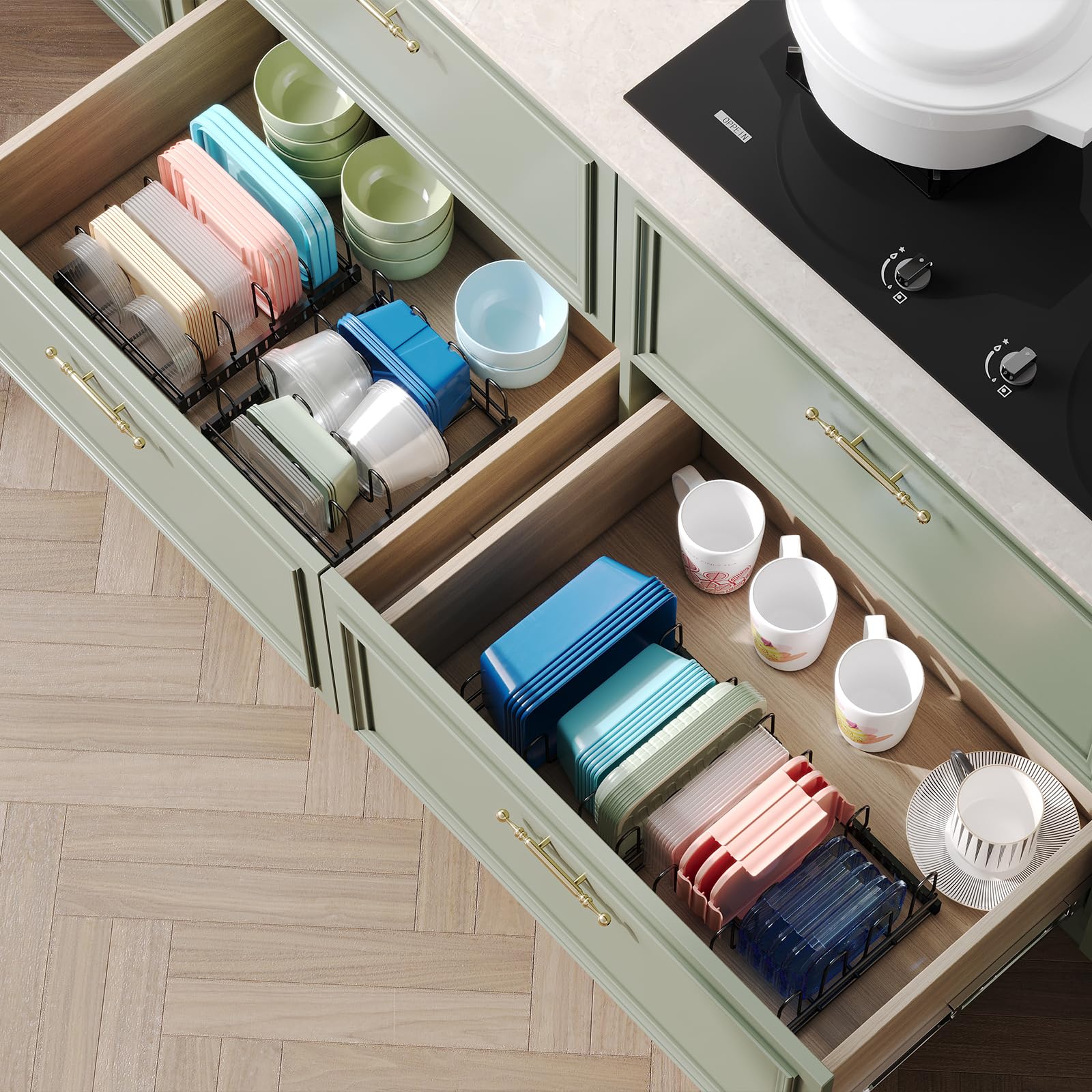Expandable Food Container Lid Organizer,Large Capacity Adjustable 10 Dividers Detachable Lid Organizer Rack for Cabinets, Cupboards, Pantry Shelves, Drawers to Keep Kitchen Tidy,Black(Patent Pending)