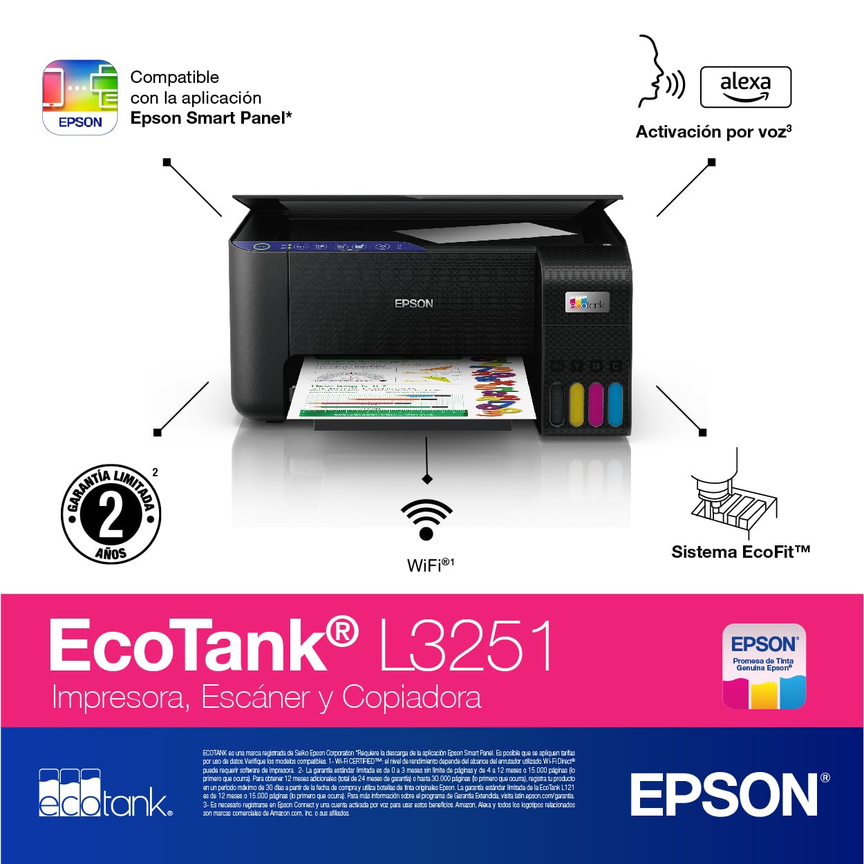 Epson EcoTank ET Series Wireless Color Inkjet All-in-One Supertank Printer, Borderless Photo Printing, Print Scan Copy, Voice Activated - 10.5 ppm, Ethernet, White