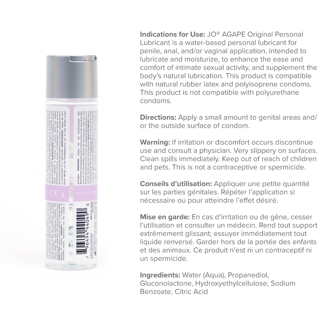 JO Agape Original Lubricant, Made for Sensitive Skin, pH Balanced, Lube for Men, Women and Couples, 4 Fl Oz