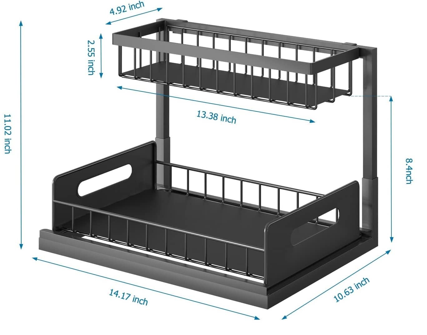 Under The Sink 2-Tier Sliding Organizer - Kitchen And Bathroom Cabinet Storage- Sturdy L-Shaped, Pull Out Shelf - Ideal for Kitchen, Bathroom, Cabinet, and Countertop - Black Metal