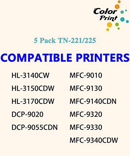 5-Pack ColorPrint Compatible Toner Cartridge Replacement for Brother TN-221 TN-225 TN221 TN225 Work with HL-3140CW 3150CDW 3170CDW HL-3180CDW MFC-9130CW 9340CDW 9330CDW Printer (2BK, 1C, 1M, 1Y)