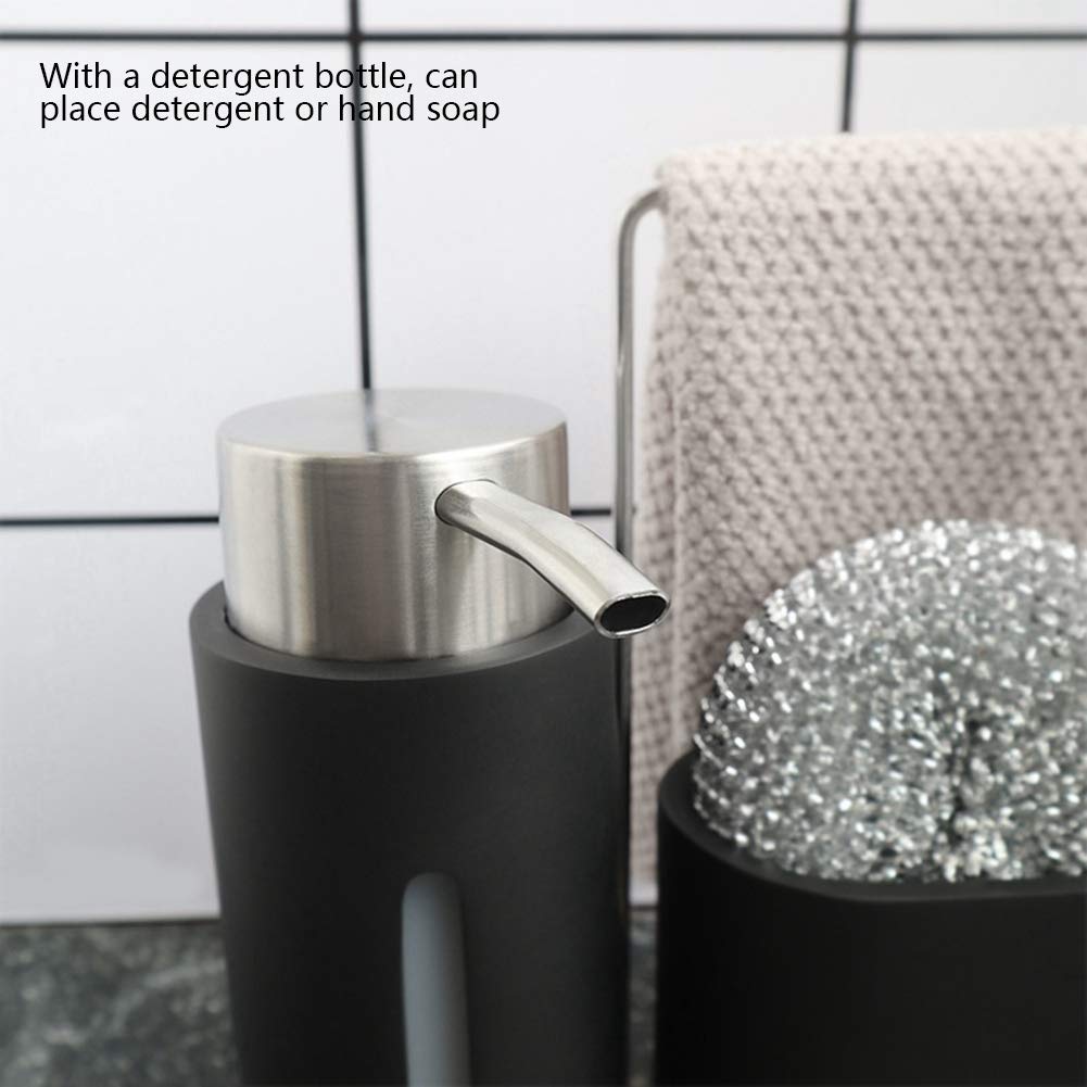 Kitchen Storage Rack with Detergent Dispenser, Steel Wire Ball and Brush Kitchen Sink Tableware Detergent Dispenser Container Dish Cloth Rag Storage Rack Black