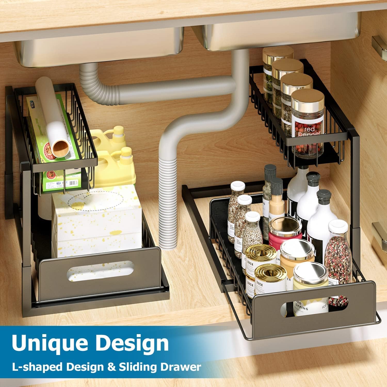 Under The Sink 2-Tier Sliding Organizer - Kitchen And Bathroom Cabinet Storage- Sturdy L-Shaped, Pull Out Shelf - Ideal for Kitchen, Bathroom, Cabinet, and Countertop - Black Metal