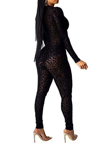 Uni Clau Women See Through Bodycon Jumpsuit - One Piece Deep V Neck Outfits Sheer Mesh Leopard Clubwear Jumpsuit Rompers Black L