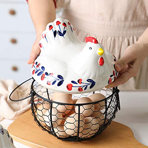 Chicken Design Ceramic Egg Storage Collect Basket, Holds 20-25 Eggs, Fresh Egg Holder, Organizer Case, Container for Counter