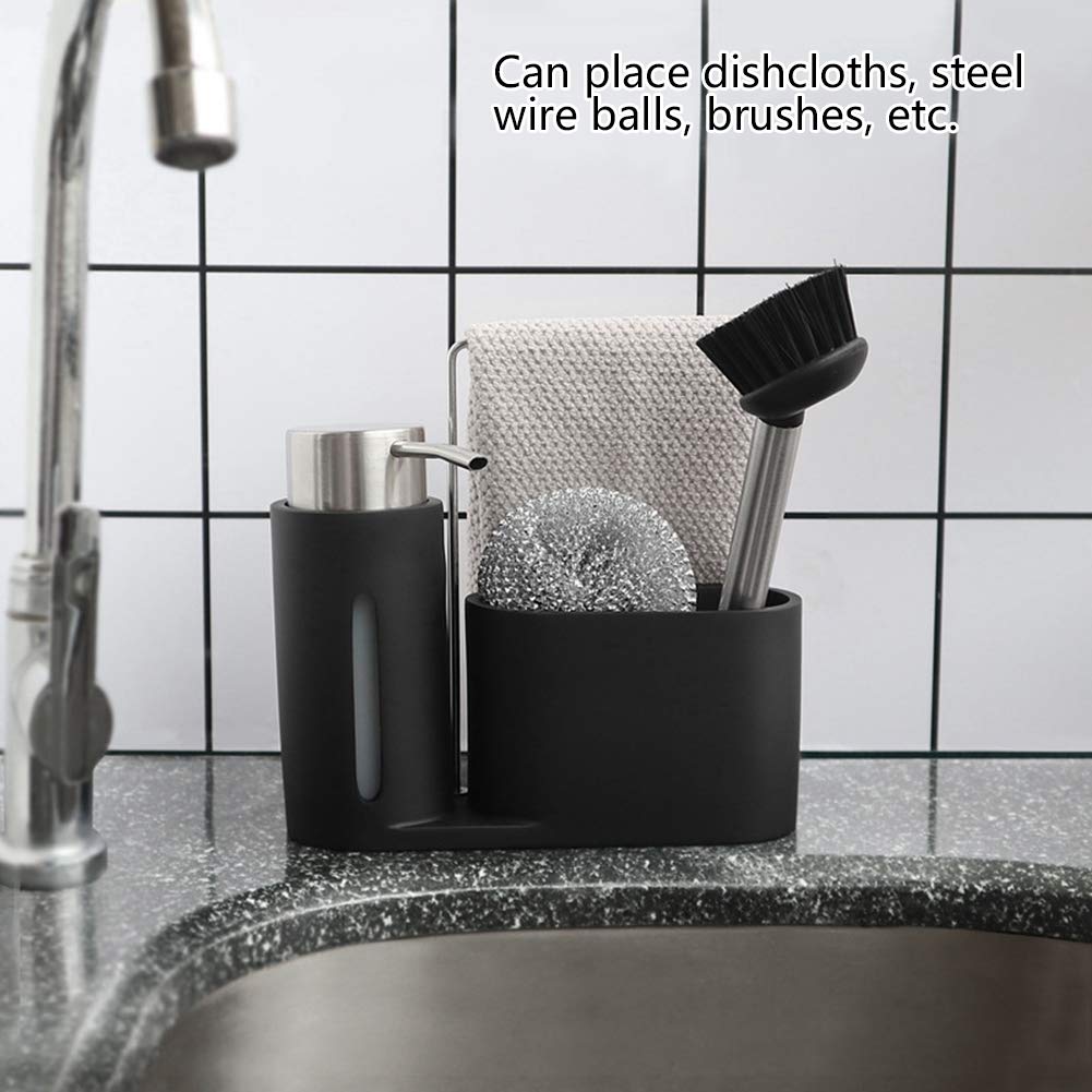 Kitchen Storage Rack with Detergent Dispenser, Steel Wire Ball and Brush Kitchen Sink Tableware Detergent Dispenser Container Dish Cloth Rag Storage Rack Black