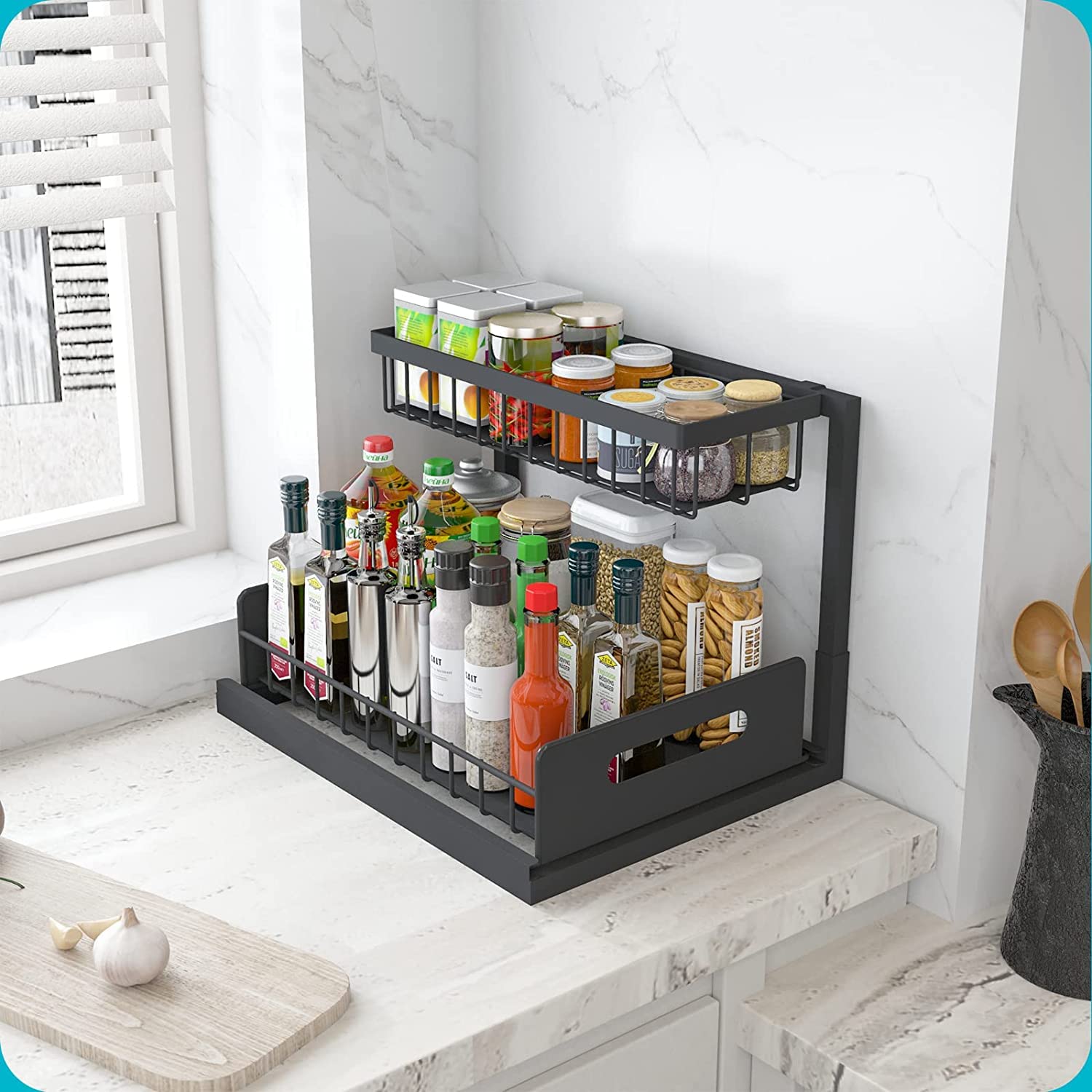 Under The Sink 2-Tier Sliding Organizer - Kitchen And Bathroom Cabinet Storage- Sturdy L-Shaped, Pull Out Shelf - Ideal for Kitchen, Bathroom, Cabinet, and Countertop - Black Metal
