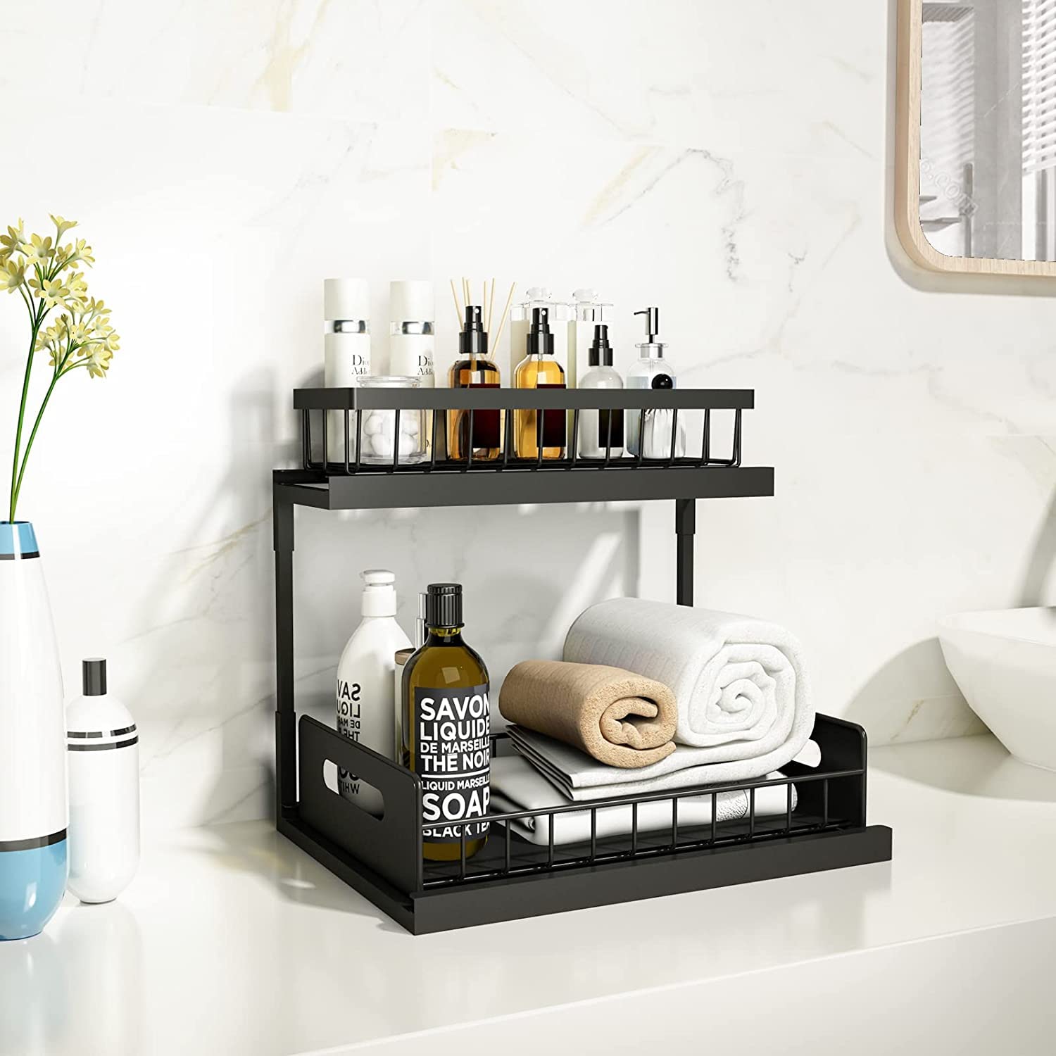 Under The Sink 2-Tier Sliding Organizer - Kitchen And Bathroom Cabinet Storage- Sturdy L-Shaped, Pull Out Shelf - Ideal for Kitchen, Bathroom, Cabinet, and Countertop - Black Metal