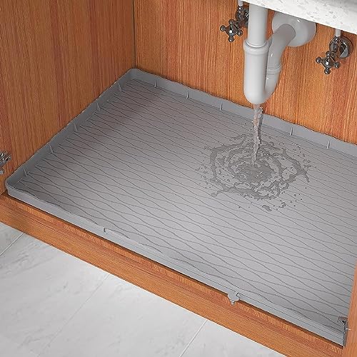 Under Sink Mat for Kitchen Waterproof, 34" × 22" Silicone Bathroom Sink Mat, under sink Liner drip tray and protectors for bottom of kitchen sink, Fits 36'' Stand Cabinets (Gray)