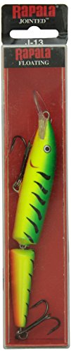 Rapala Jointed Lure, Size 13, 5 1/4" Length, 4'-14' Depth, 2 Number 2 Treble Hooks, Fire Tiger, Per 1, Firetiger, J13FT