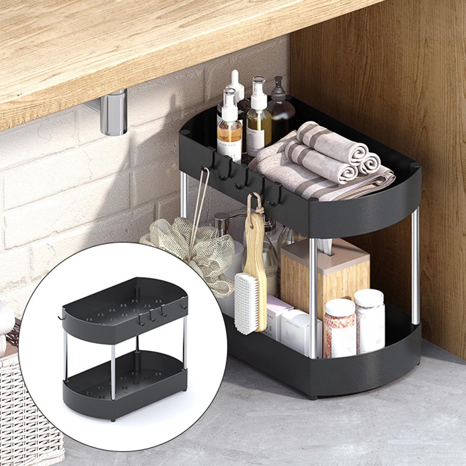 Libcflcc Kitchen Storage Rack Under Sink Organizer Double Layer Modern Multi-Functional Strong Load Bearing Countertop Bathroom Kitchen Cabinet Organizer Holder Multi-Functional Storage Rack Black