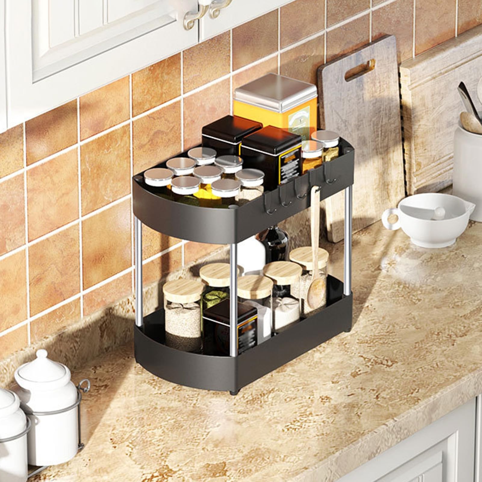 Libcflcc Kitchen Storage Rack Under Sink Organizer Double Layer Modern Multi-Functional Strong Load Bearing Countertop Bathroom Kitchen Cabinet Organizer Holder Multi-Functional Storage Rack Black