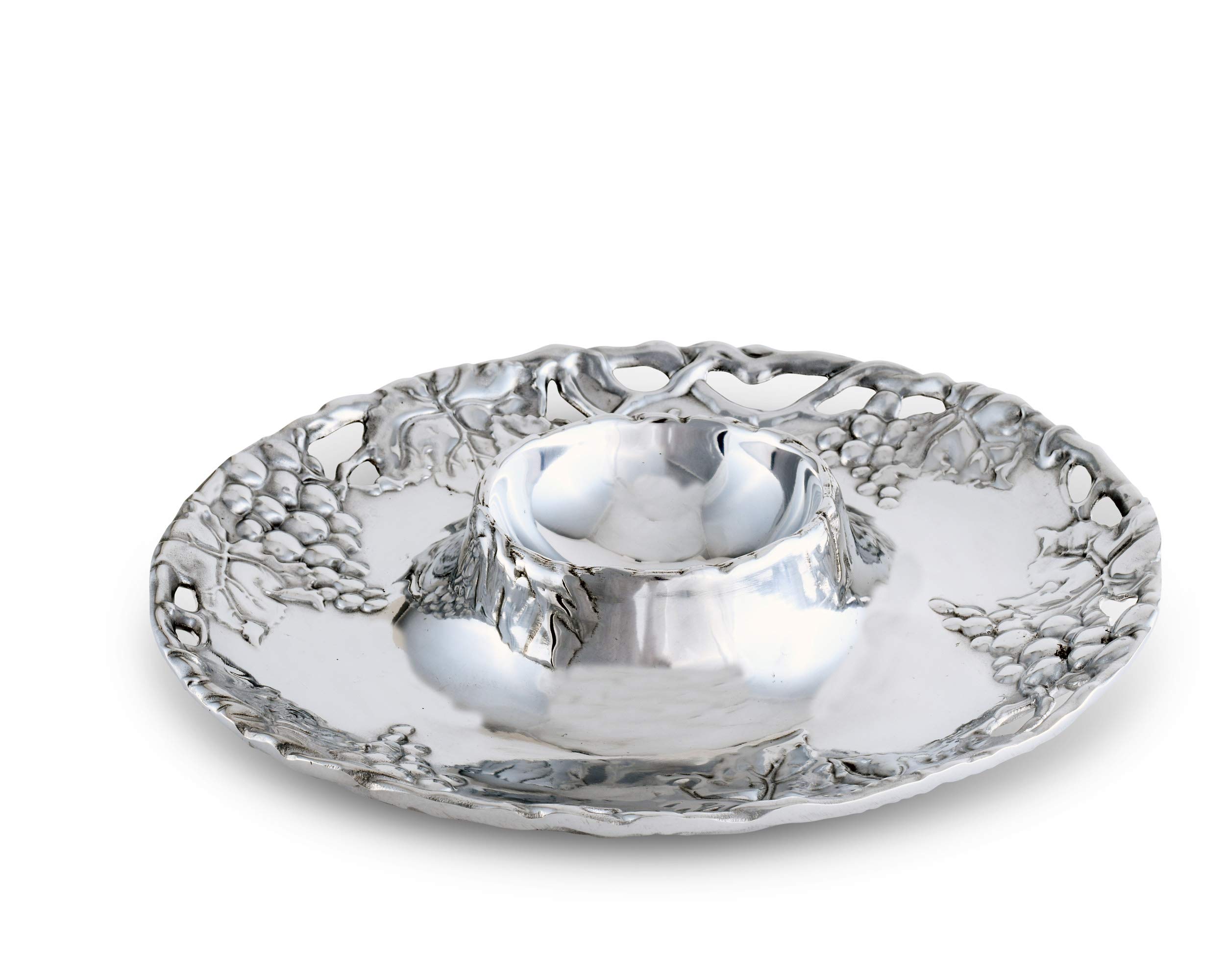 Arthur Court Designs Metal Grape Chip and Dip Platter in Grape Pattern Sand Casted in Aluminum with Artisan Quality Hand Polished Designer Tarnish-Free 14 inch Diameter