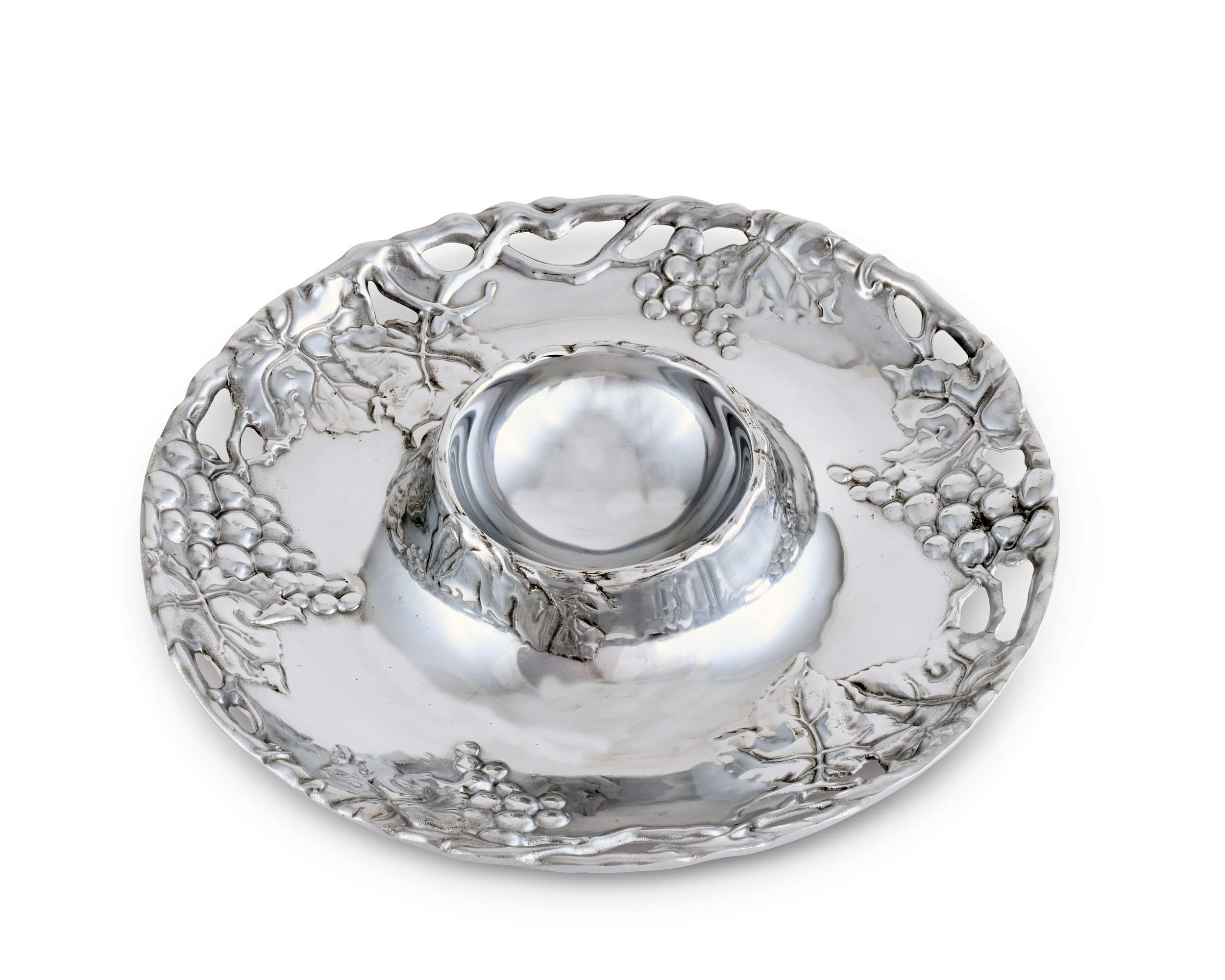 Arthur Court Designs Metal Grape Chip and Dip Platter in Grape Pattern Sand Casted in Aluminum with Artisan Quality Hand Polished Designer Tarnish-Free 14 inch Diameter