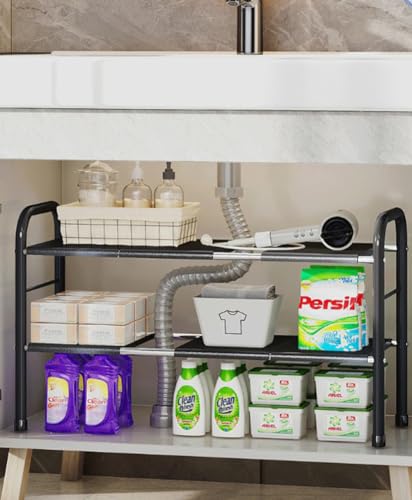2-Tier Bathroom Kitchen Cabinet Organizers,Under Sink Storage Shelf Telescopic Adjustable with Removable Panels,for Laundry Bedroom
