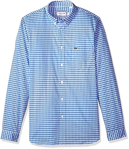 Lacoste Men's L/s Bd W/pkt Gingham Poplin Regular Fit, Ch9559 Shirt, RILL Light Blue/White, 40