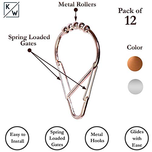 Kent & West - Shower Curtain Hooks | Easy to Install | Patented Design | Chrome Finish | Metal Rollers | Glides with Ease | Spring Loaded Gates | Set of 12