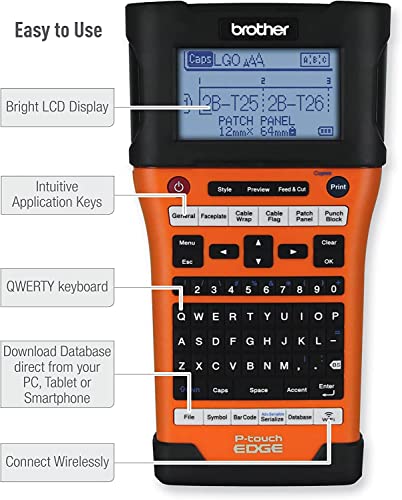 Brother P-Touch Edge PT-E550W Handheld Label Maker, Orange, Industrial Wireless Electronic Labelling Kit PTE550W - Up to 30mm/sec, 180 x 360dpi, Auto Strip Cuttter, Backlit LCD Screen