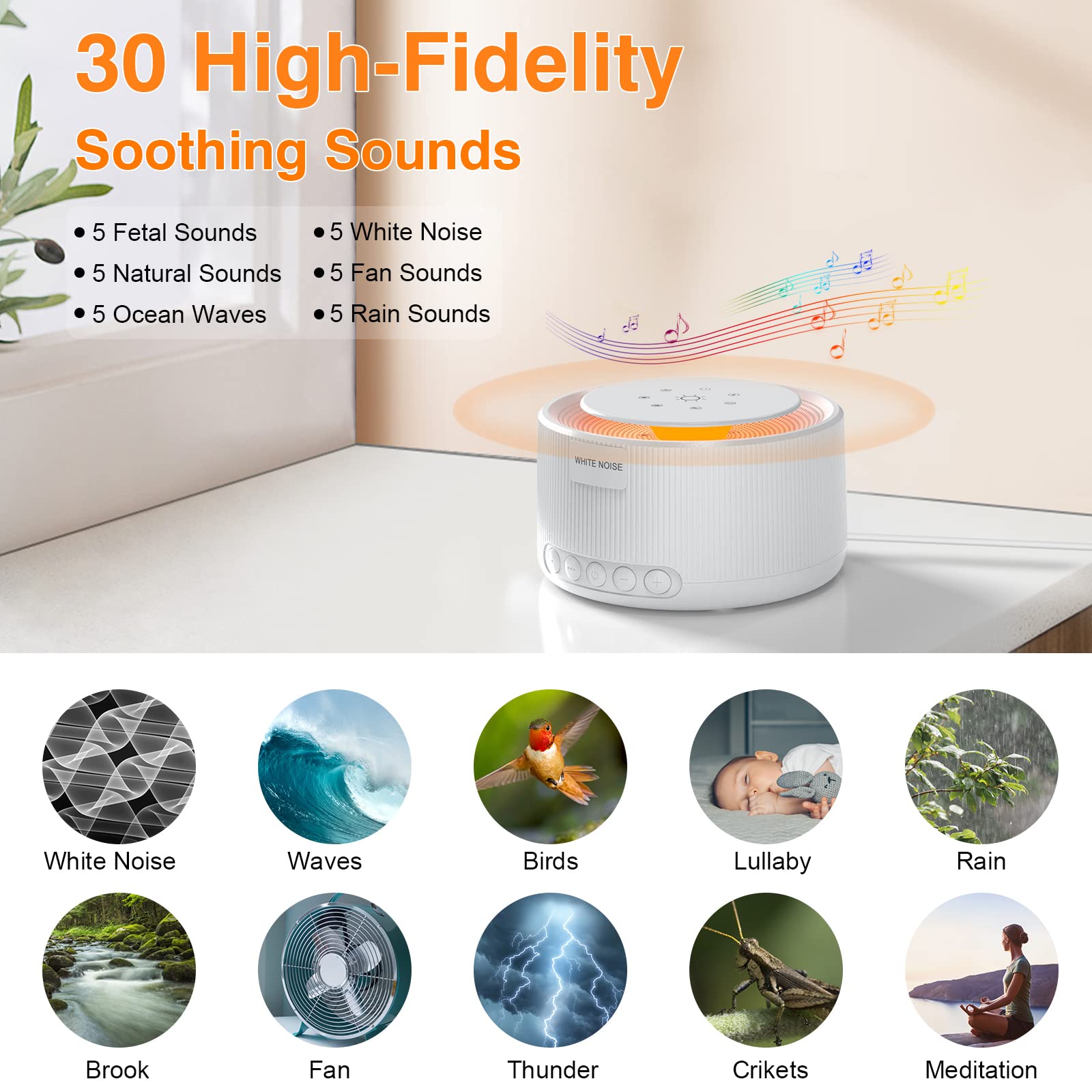 Sound Machine- STYFSCP White Noise Machine with 30 Natural Soothing Sounds 36 Level Volume Light 3 Timer Memory Function, Noise Machine Powered by AC or USB, Sleep Sound Machine for Adults Baby Kids