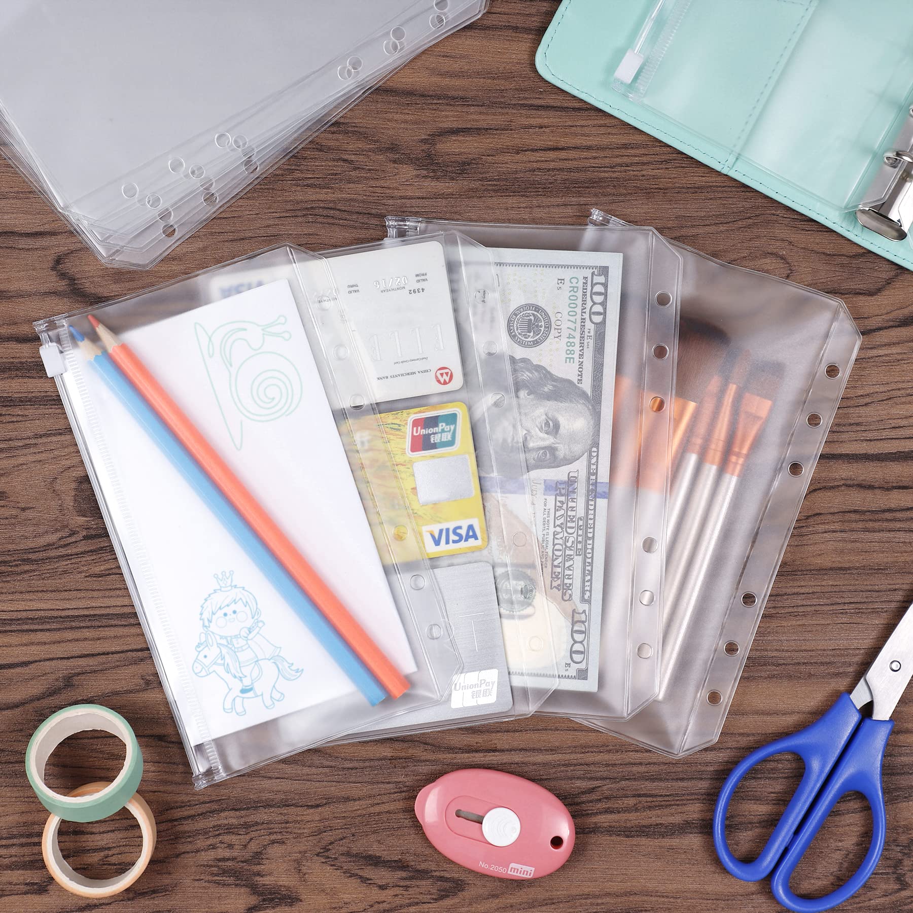 HAUTOCO 15PCS A6 6-Holes Binder Pockets Clear PVC Binder Envelopes Zipper Binder Pouches for A6 Notebook Binder, Waterproof Cash Budget Envelopes