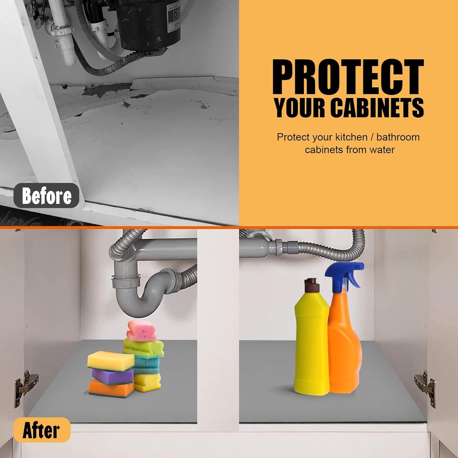 Under Sink Mat for Kitchen Super Absorbent, Quick Dry Kitchen Bathroom Cabinet Mat, 34" X 22" Or Smaller Cut to Fit Under Sink Drip Tray, Under Sink Liner Easy to Clean- Light Grey