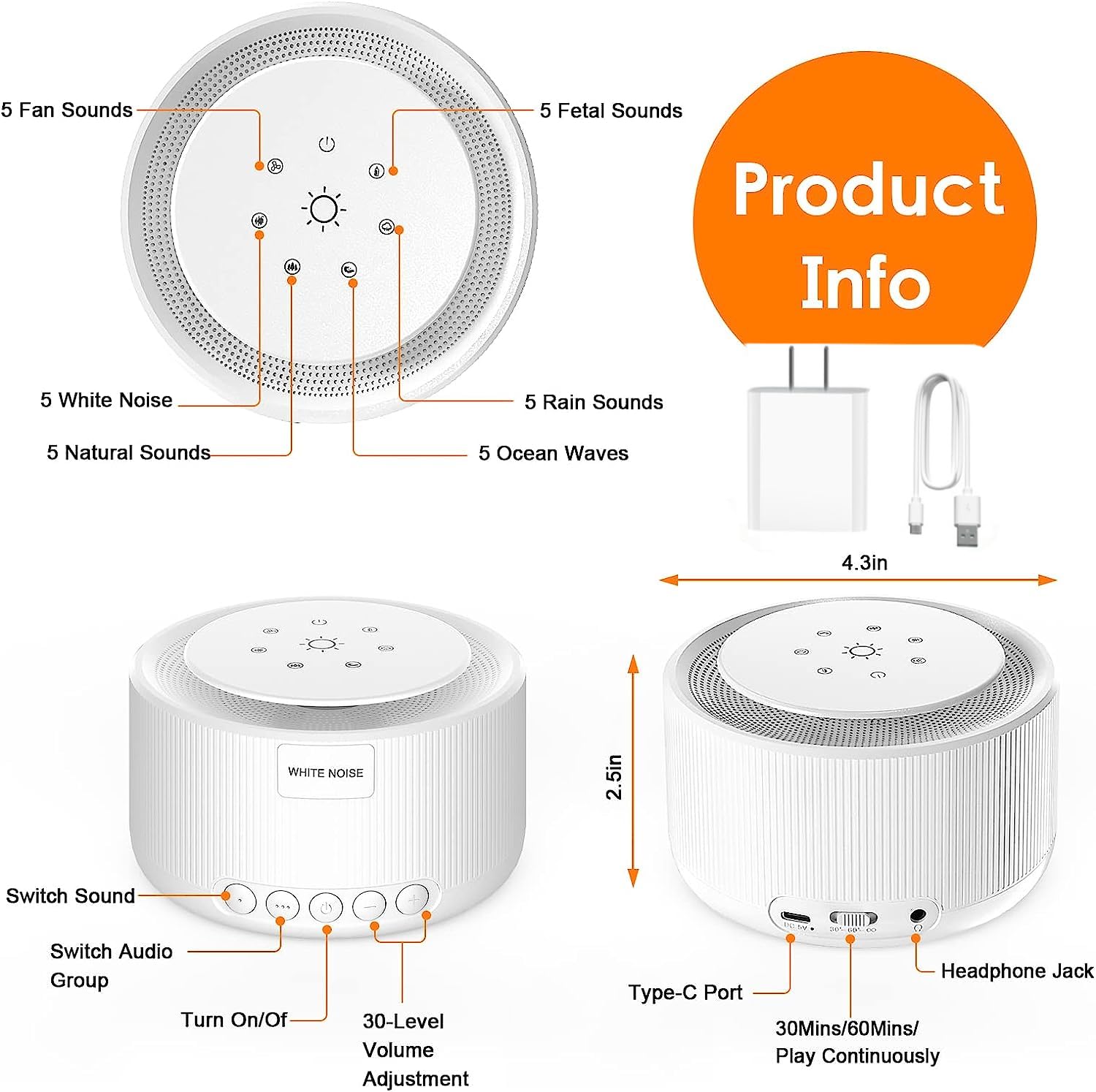 Sound Machine- STYFSCP White Noise Machine with 30 Natural Soothing Sounds 36 Level Volume Light 3 Timer Memory Function, Noise Machine Powered by AC or USB, Sleep Sound Machine for Adults Baby Kids