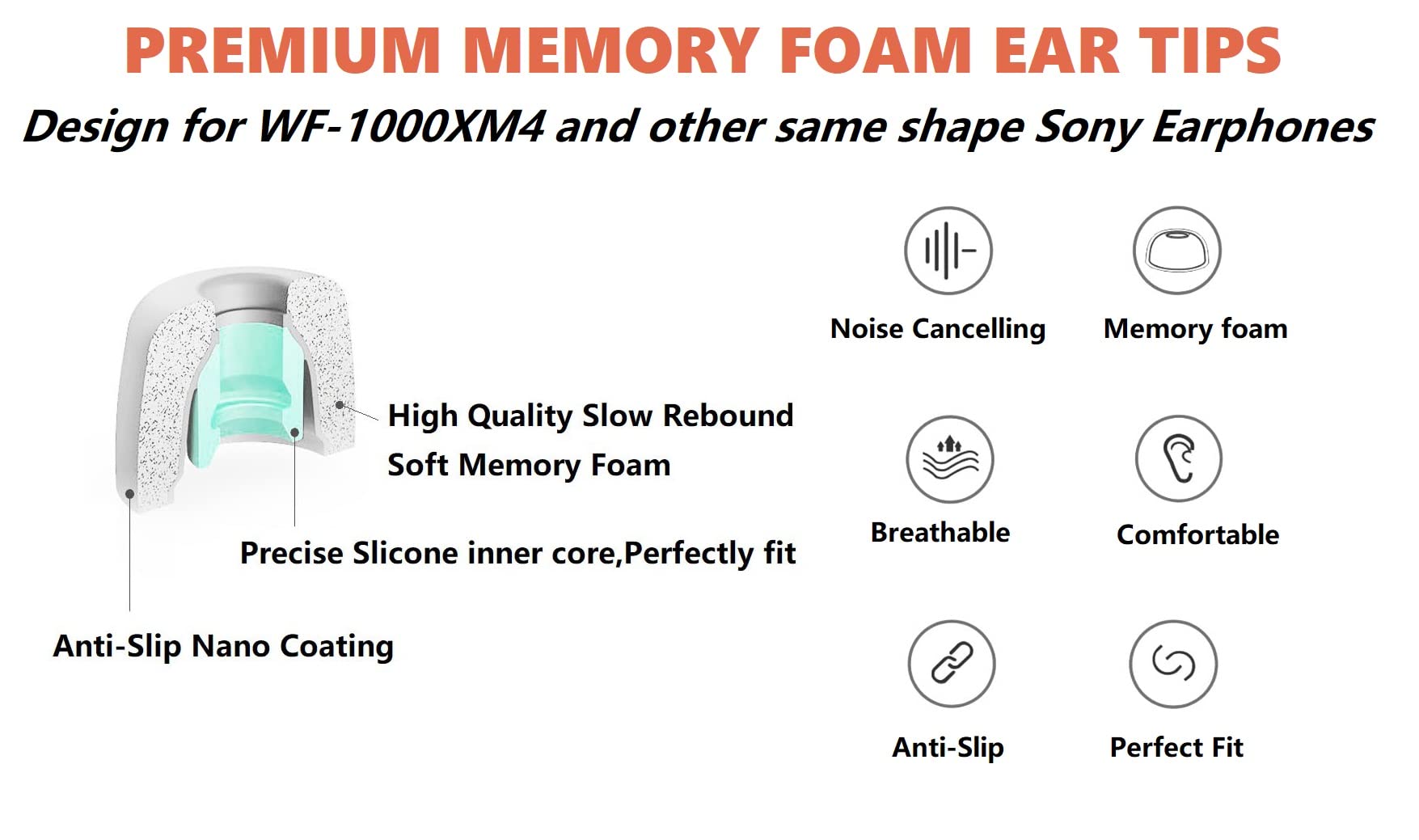 JNSA Replacement Earbud Tips Memory Foam Ear Tips Noise Isolation Foam Eartips Compatible with Sony WF-1000XM4 WF-1000XM3 Earbud Headphones, [Fit in Case],3 Pairs,Silver (FoamXM4S3P)