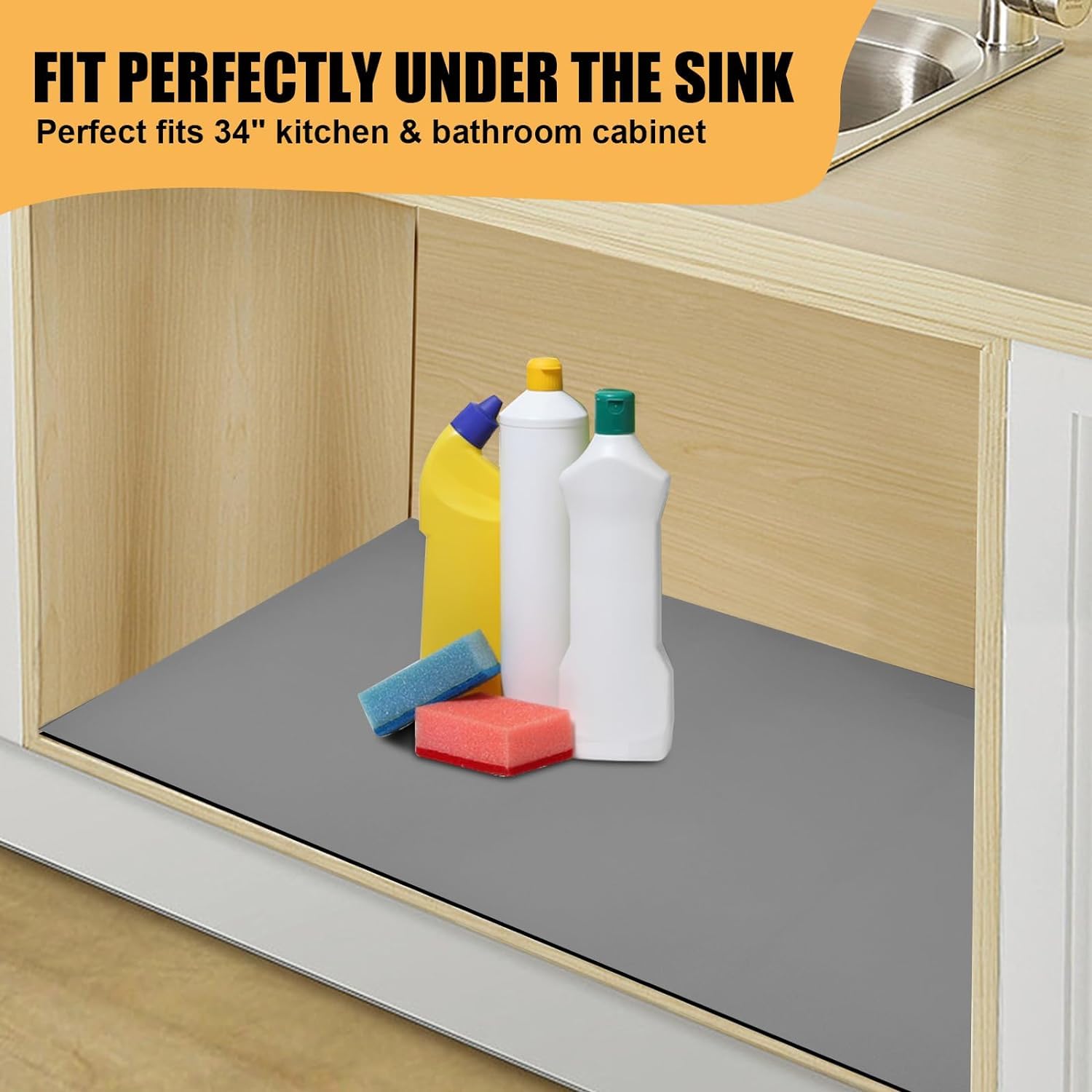 Under Sink Mat for Kitchen Super Absorbent, Quick Dry Kitchen Bathroom Cabinet Mat, 34" X 22" Or Smaller Cut to Fit Under Sink Drip Tray, Under Sink Liner Easy to Clean- Light Grey