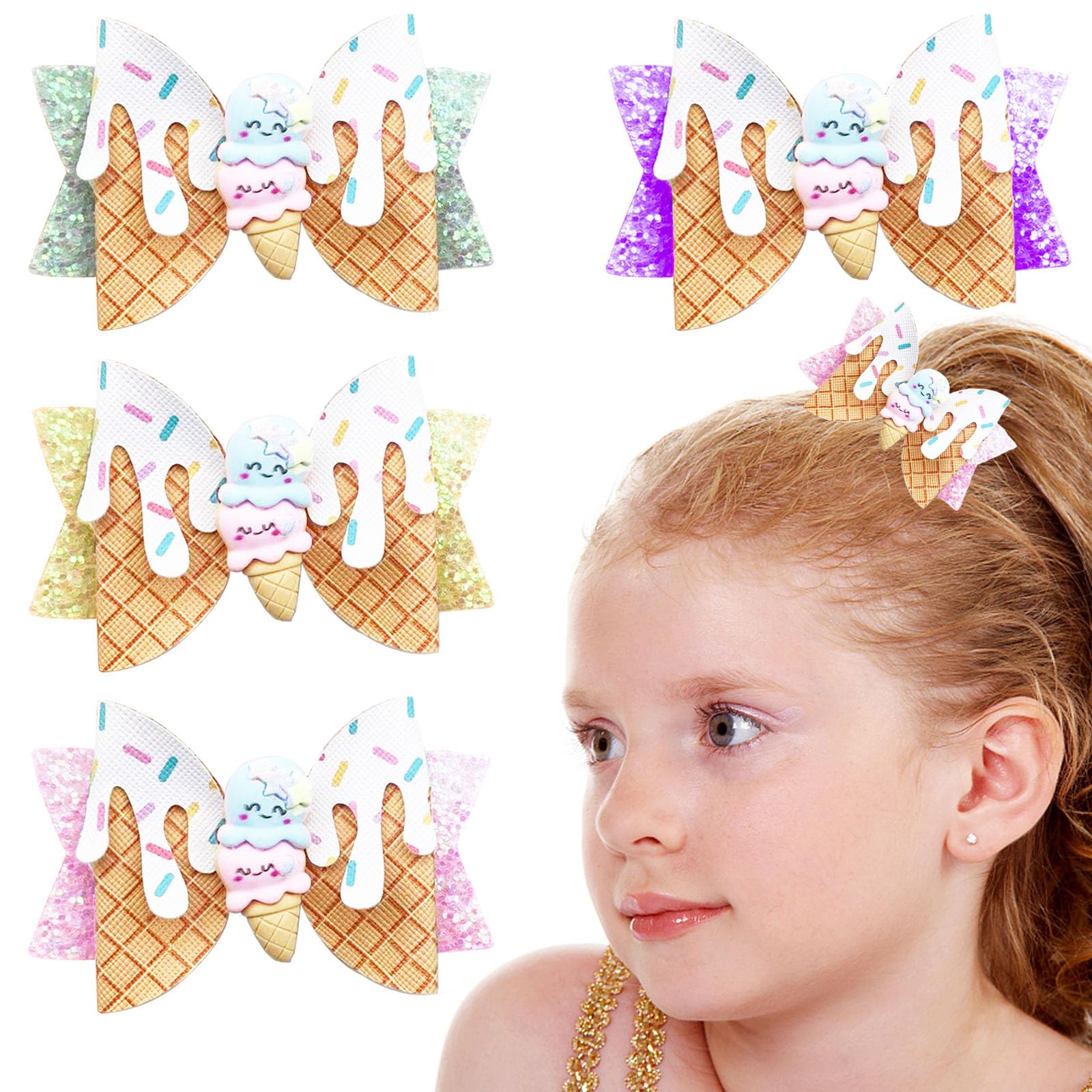 4 PCS Ice Cream Hair Clips, Summer Glitter Bow Hair Clips Sparkly Alligator Hair Clips Barrettes Hair Accessories for Girls Women