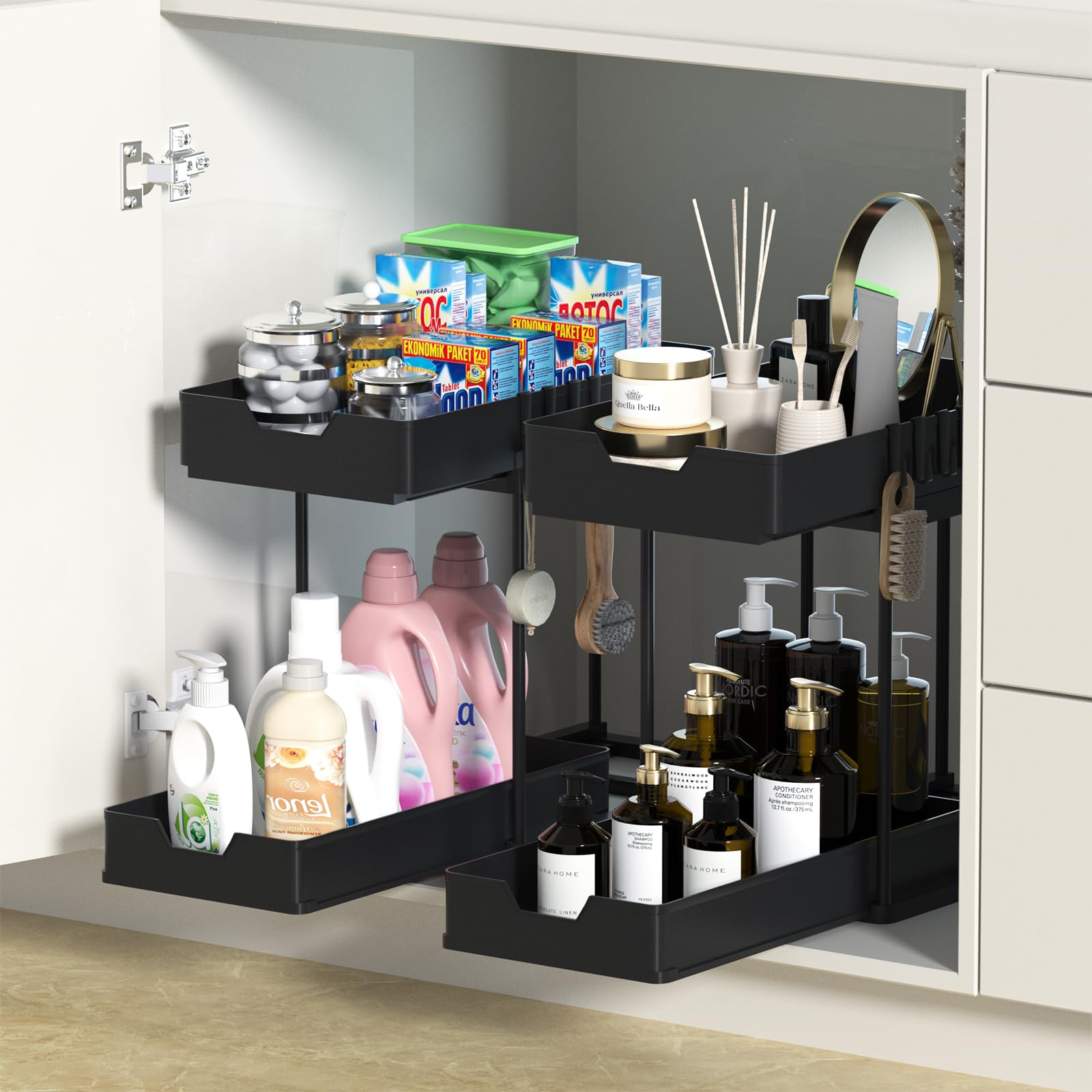 Kitchen Organizers and Storage 2 Pack Adjustable Height Under Sink Organizers and Storage with Removable Basket 2 Tier Bathroom Cabinet Organizer Pull Out Laundry Room Organization for Pantry