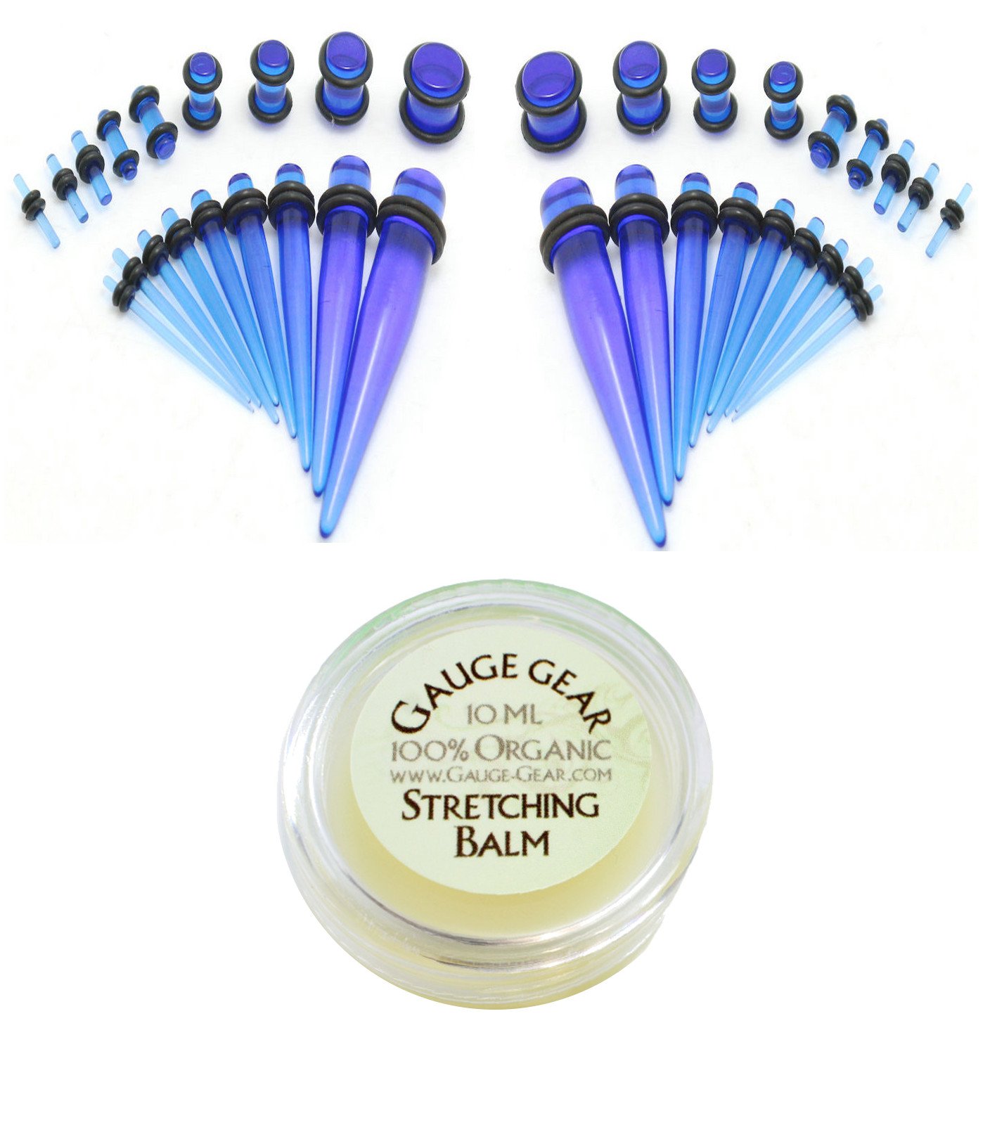 Zaya Body Jewelry 36pc Ear Stretching Starter Kit Blue Gauges 14g-00g Plus Instructions Gauge Gear Lube
