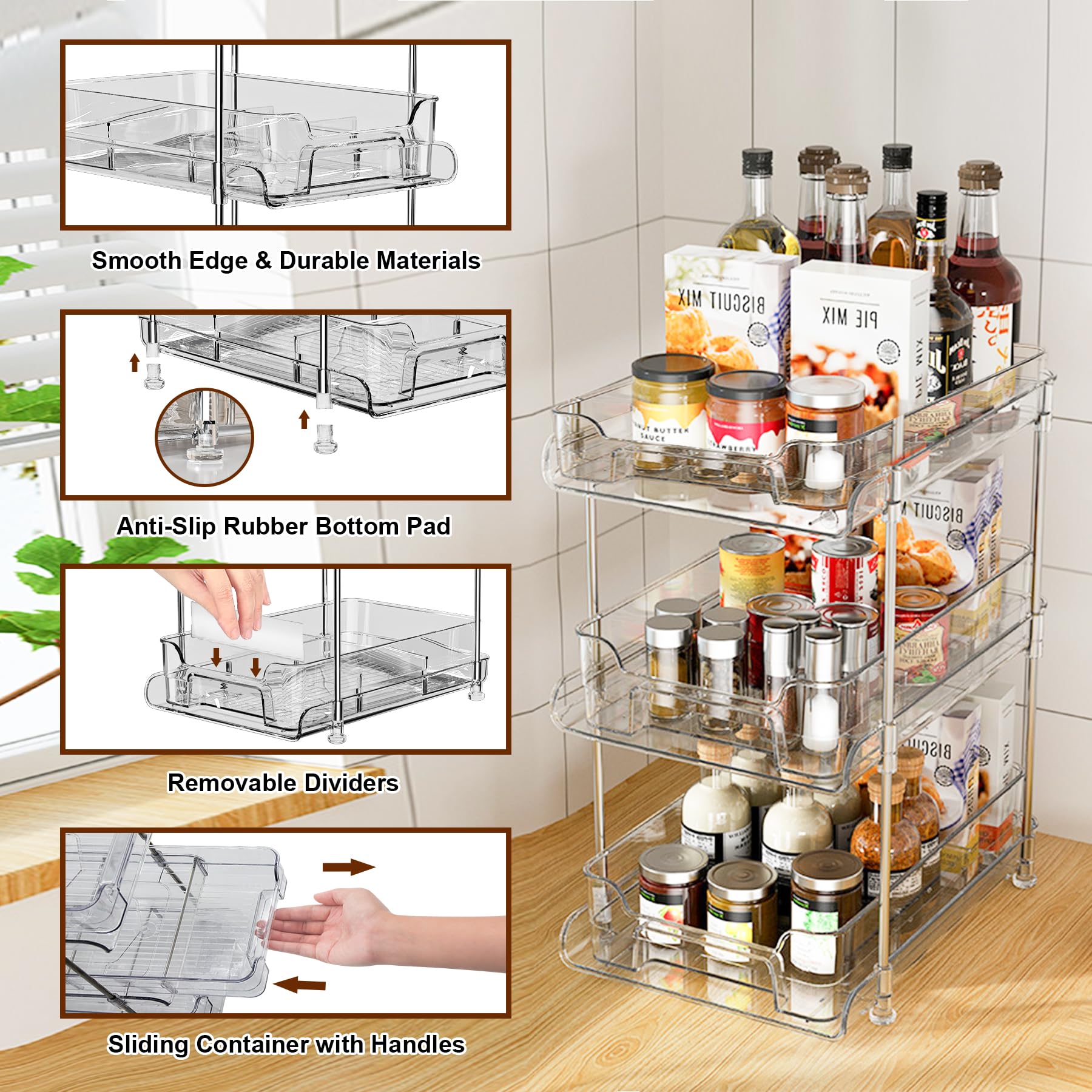 KELLODY 3 Tier Bathroom Storage Organizer with Dividers, Clear Under Sink Organizers and Storage Multi-Purpose Pull Out Cabinet Organizer for Bathroom Kitchen, Vanity Makeup Organizer
