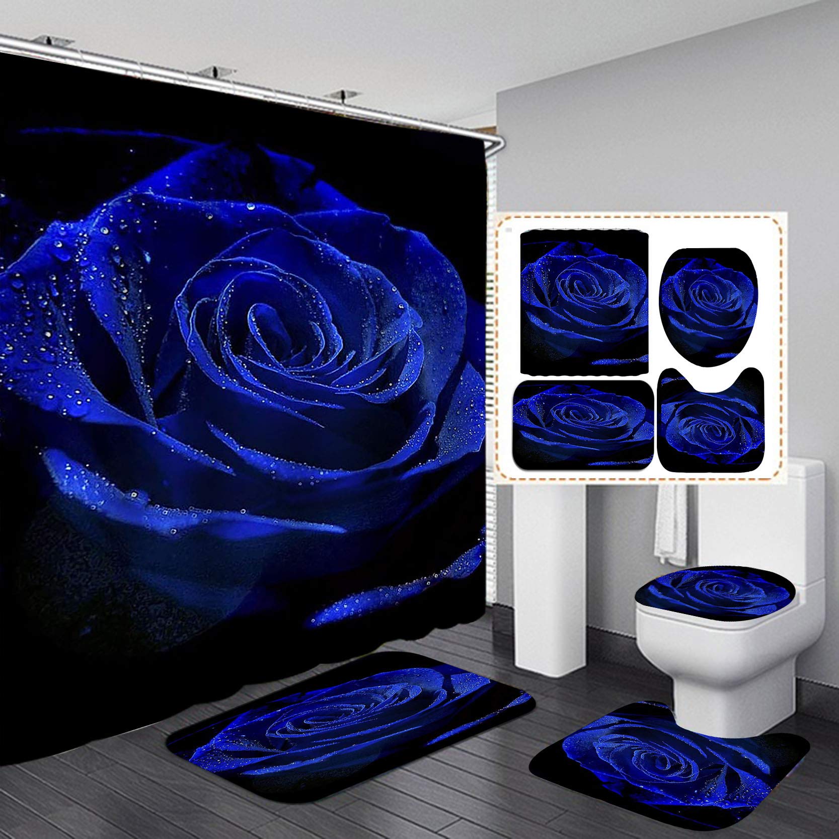 Camille&Andrew 4PCS/Set Dewy Royal Blue Rose Shower Curtain, Elegant Floral Romantic Flower Women Bathroom Decor, Waterproof Fabric Shower Curtain, Non-Slip Bath Rugs Toilet Carpet Bathroom Mat, Blue