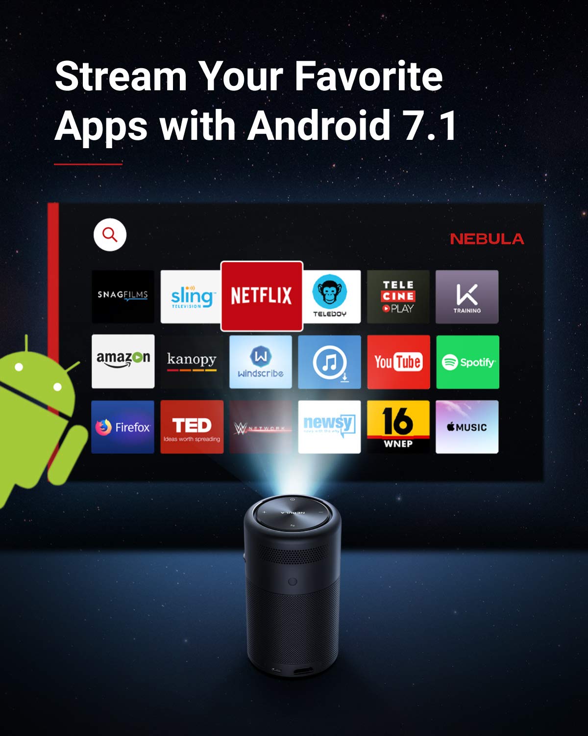 Nebula Capsule, by Anker, Smart Portable Wi-Fi Mini Projector, 100 ANSI lm Pocket Cinema, DLP, 360° Speaker, 100" Picture, 4-Hour Video Playtime, and App-Watch Anywhere (Renewed)