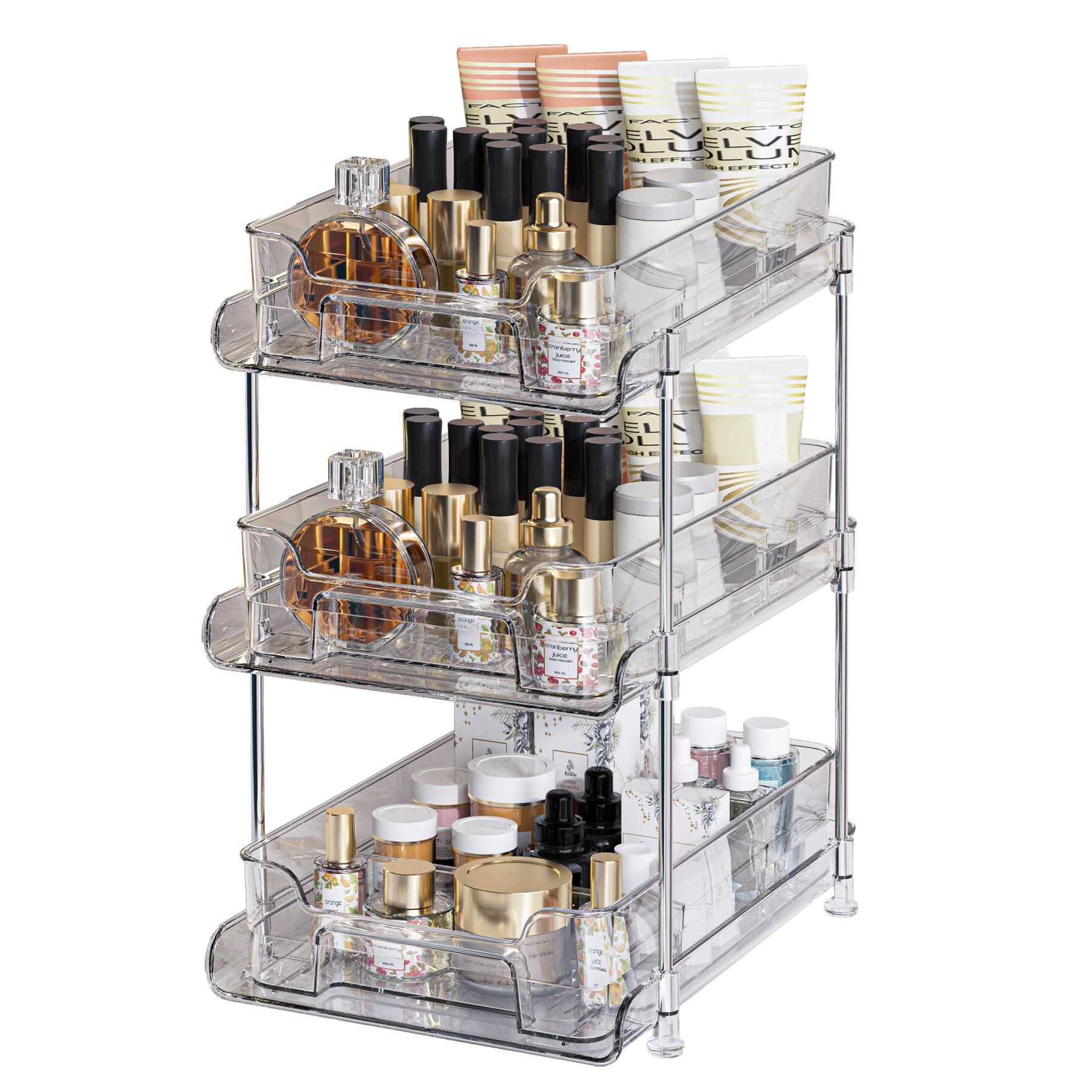 KELLODY 3 Tier Bathroom Storage Organizer with Dividers, Clear Under Sink Organizers and Storage Multi-Purpose Pull Out Cabinet Organizer for Bathroom Kitchen, Vanity Makeup Organizer
