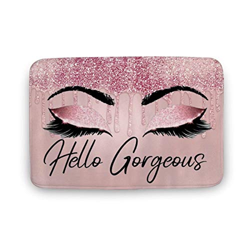 Hello Gorgeous Doormats for Front Door, Pink Drip Glitter Eyelash Welcome Mats, Mud Absorbent Door Mats with Non Slip Rubber Back, Soft and Thick Floor Mat for Inside, Outside, Bathroom, Entrance