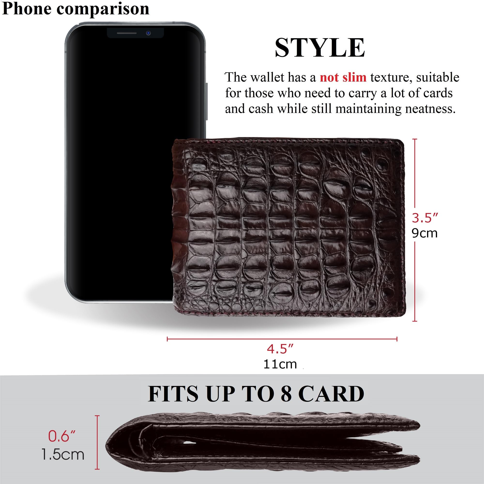 Dark Brown Bifold Leather Wallet For Men With Flip Out ID Holder Credit Card Premium RFID Blocking AIIgator Double Side Handmade Gift For Birthday Wedding Anniversary Father's Day VINAM-100