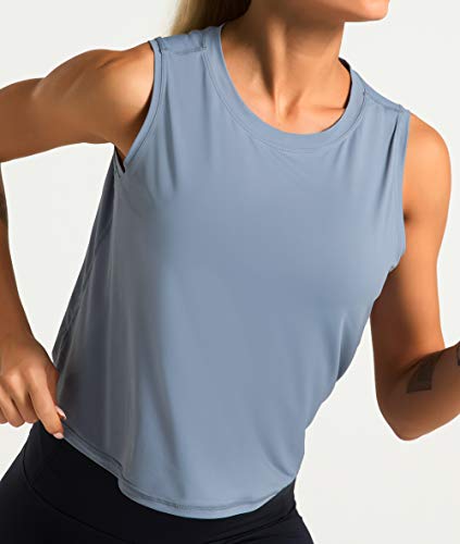 Dragon Fit Women Sleeveless Yoga Tops Workout Cool T-Shirt Running Short Tank Crop Tops (Blue, Large)