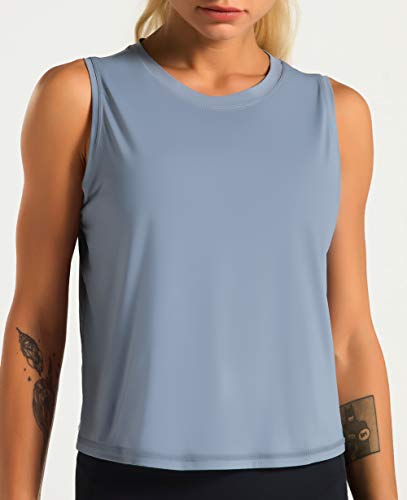 Dragon Fit Women Sleeveless Yoga Tops Workout Cool T-Shirt Running Short Tank Crop Tops (Blue, Large)