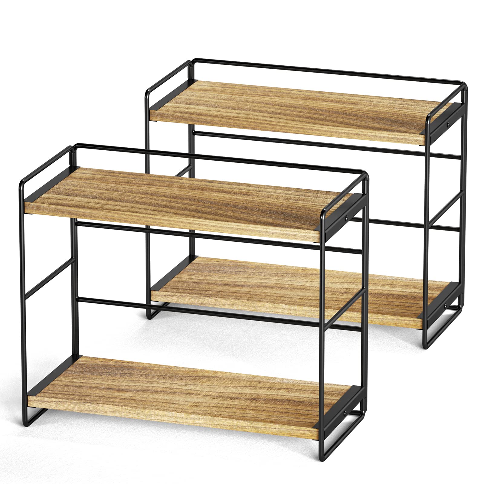 SRIWATANA Kitchen Countertop Organizer Set of 2, Bathroom Counter Shelf Spice Rack Sink Countertop Storage Desktop Large Wood Shelf - Carbonized Black
